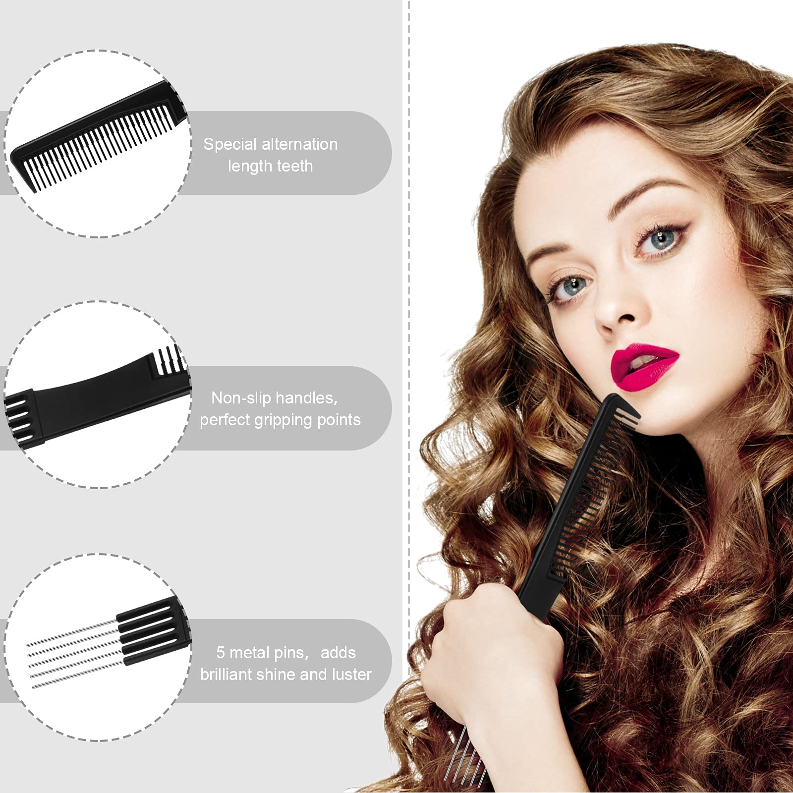3 Pieces Hair Lift Combs with Metal Prongs for Women - Salon Teasing Back Combs in Pink or Black Carbon with Stainless Steel (Black)