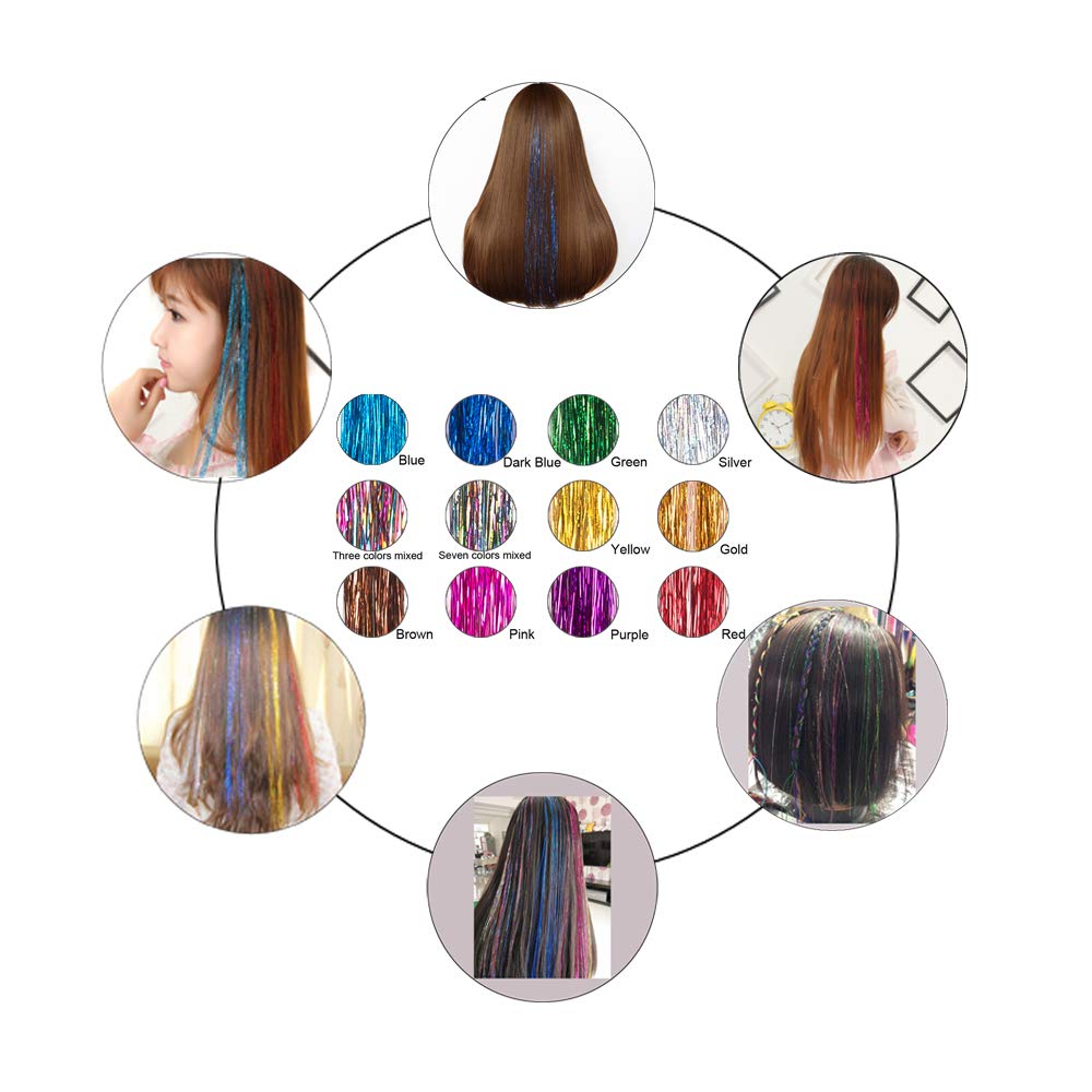 19.7 Inch Clip In Hair Fairy Tinsel Kit Clips Clip On Glitter Hair Tinsel Extensions 12 Colors