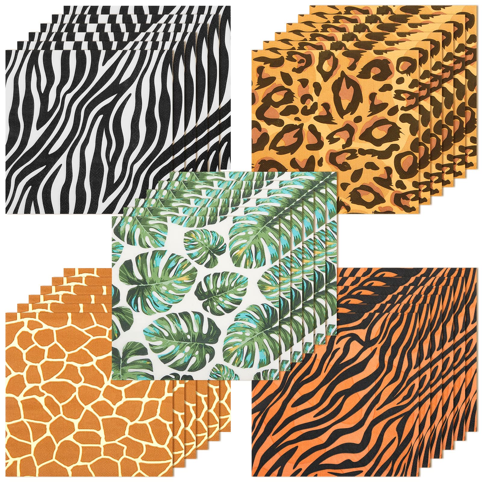100 PIECES Jungle Safari Animal Print Party Disposable Napkins Animal Print Paper Napkins Safari Napkins Jungle Safari Themed Party Napkins for Baby Shower Party Birthday Party, 5 Styles