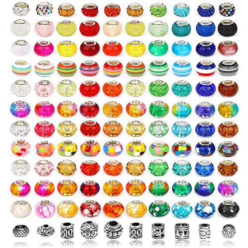 250Pcs Large Hole Beads for Jewelry Making, MONKLE 200pcs European Beads Bulk Glass Beads Rhinestones Lampwork Beads with 50+pcs Silver Spacer Beads for DIY Craft Bracelet Necklace Earring Making