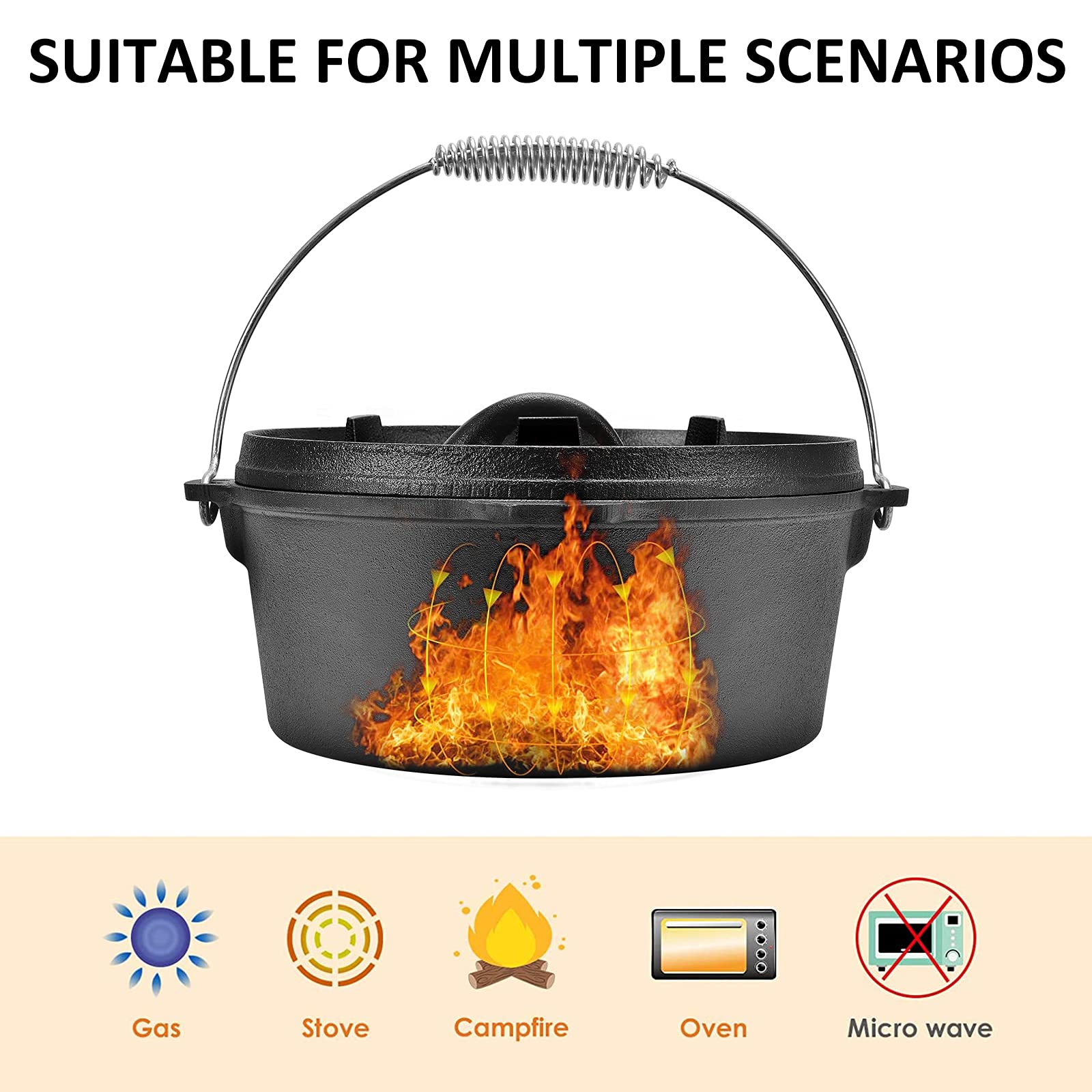 10 Quart Cast Iron Dutch Oven Pre-seasoned Pot with Lid Lifter Handle, Casserole Pot with Lid Lifter for Camping Cooking BBQ Baking