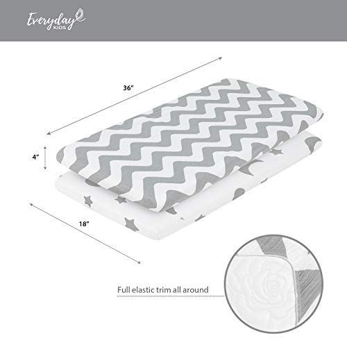 2 Pack Cradle Sheet Set, 100% Cotton Jersey Knit, Breathable Baby Sheet, Fits Cradle Pad/Mattress - Ultra Soft - Gray/White Chevron & Moon Stars Patterns