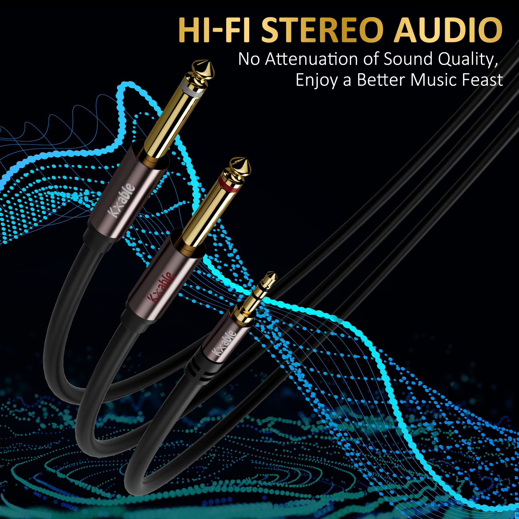 1/8 to Dual 1/4 Stereo Cable 4 Feet (2 Pack), 3.5mm TRS to 2 x 6.35mm TS Mono Y Splitter Audio Cord Adapter, Oxygen-Free Copper, OD:5.0MM, for PC, Mixer, Speaker, Home Stereo System with 5 Cable Ties