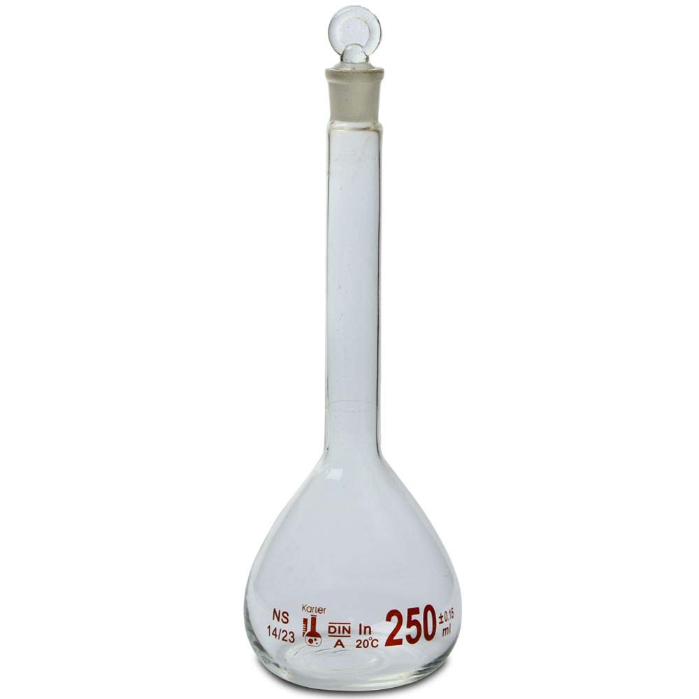 250ml Volumetric Flask, 3.3 Boro Glass, Class A, Ground Stopper, Karter Scientific 213W6 (Pack of 2)
