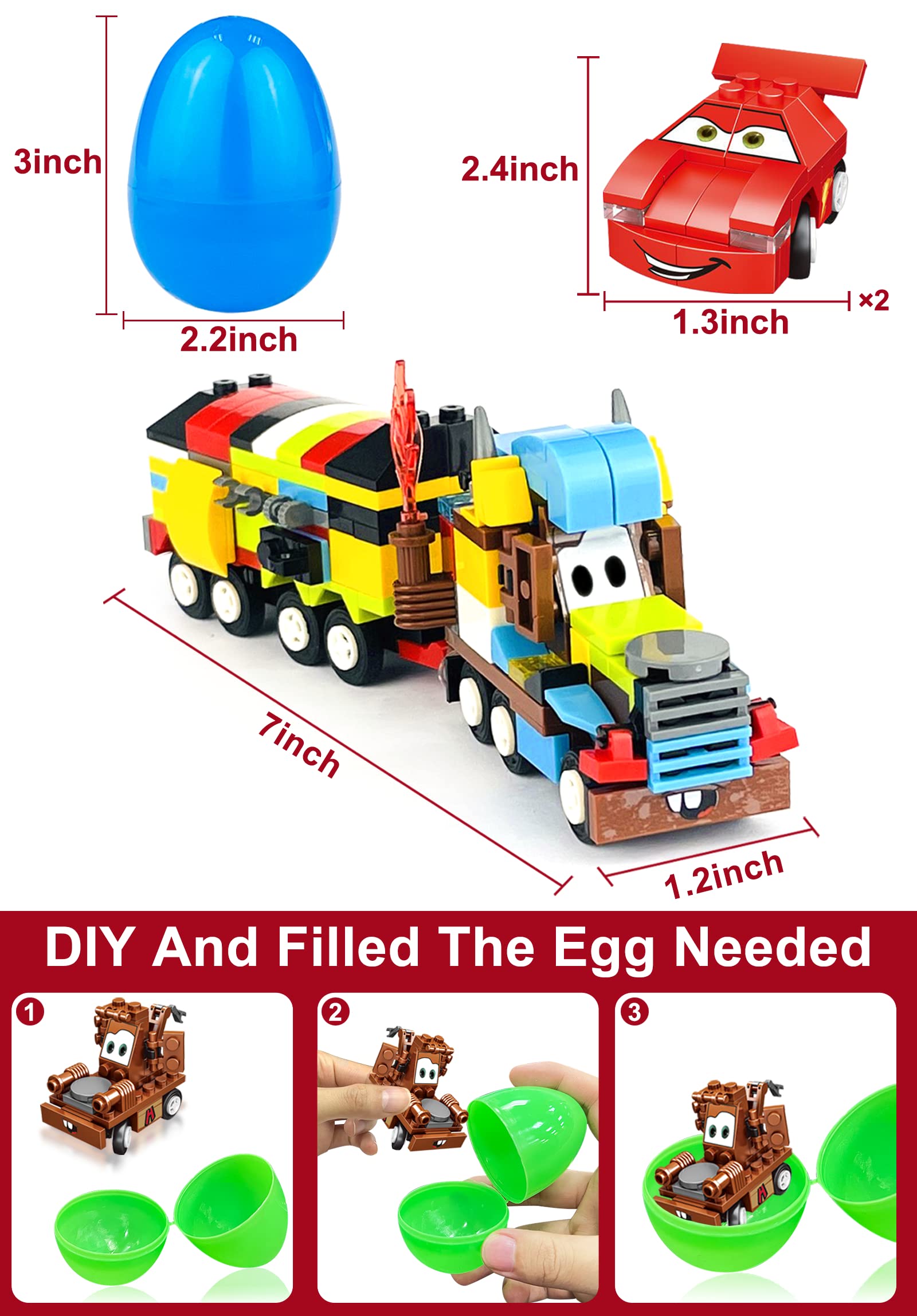 12 Pack 3" Large Filled Easter Eggs with Stem Toy Cars Kids Easter Basket Stuffers Plastic Surprise Egg Building Blocks 6 in 1 Transform Construction Vehicle Easter Toy Boys Girl Egg Hunt