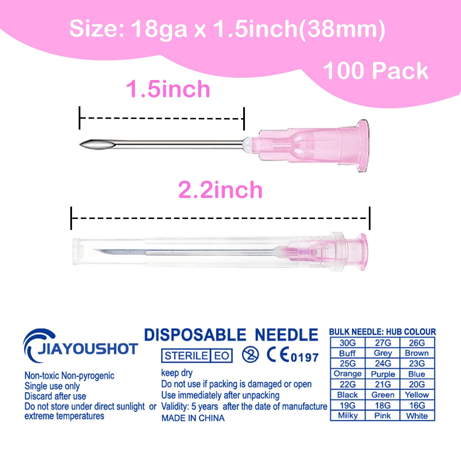 100Pack -18Ga 1.5inch(38mm) Dispensing Needles with Luer Lock,Individual Package of Injection Syringe Accessories ,Suitable for Refilling Liquid, Inks,Livestock and Industry