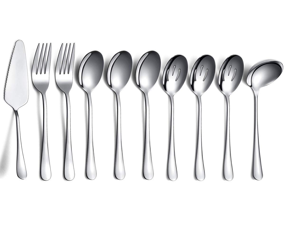 10-Piece Serving Flatware Silverware Set,Stainless Steel Serving Utensil Set,Include Slotted Serving Spoon, Serving Spoon, Cake Server, Serving Fork, Soup Ladle (Silver)