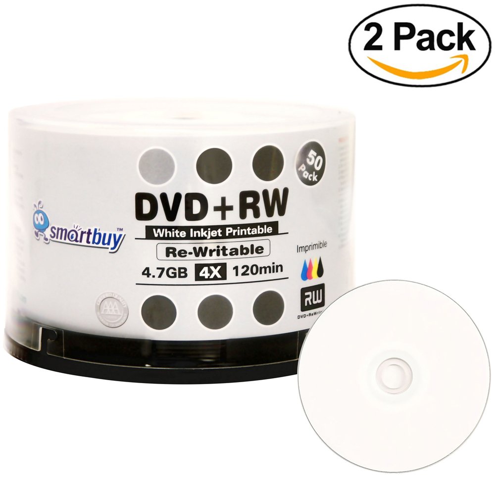 100 Pack Smartbuy Blank DVD+RW 4X 4.7GB 120Min White Inkjet Hub Printable Rewritable DVD Media Disc