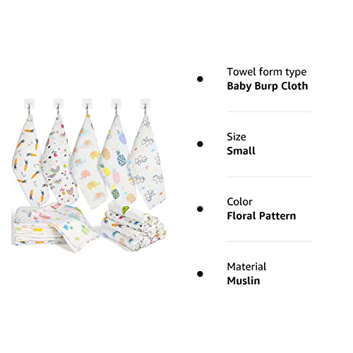 10 Pieces Baby Burp Cloth 10 x 20 inches 6 Layer Soft Absorbent Muslin Newborn Towel for Baby Shower Machine Washable, for Sensitive Skin Baby (Floral Pattern)