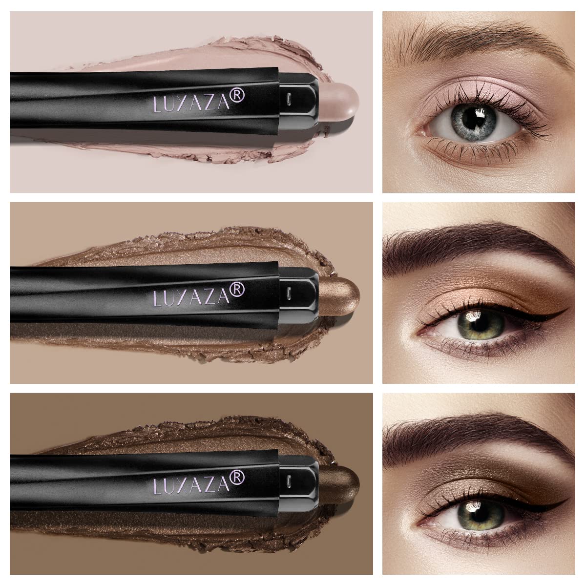 LUXAZA 3Pcs Eyeshadow Stick Set, Matte And Shimmer Creamy Brown Gold Nude Shadow Pencil, Waterproof Long Lasting Smoky Eye Makeup