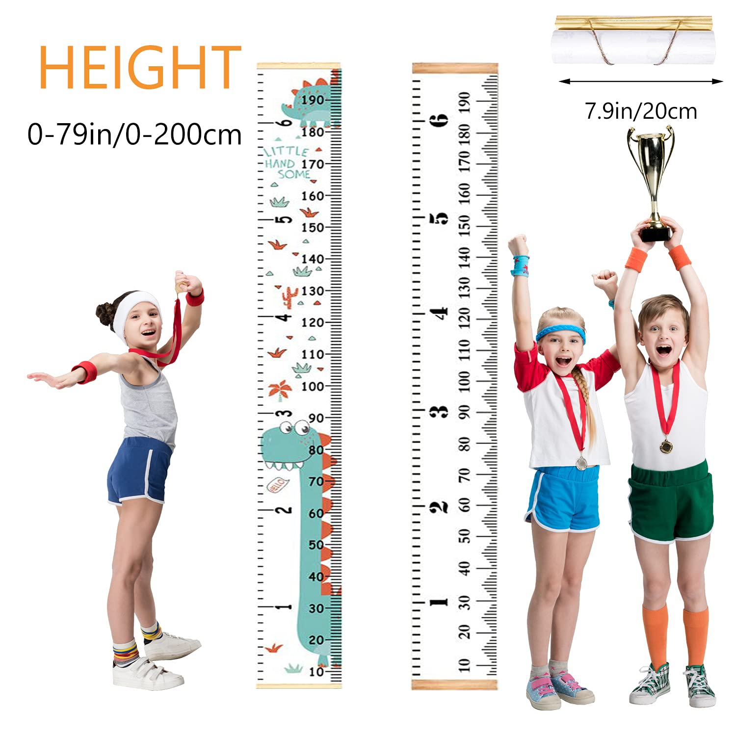 2 Pack Kids Baby Hanging Growth Chart,Hanging Ruler Wall Decor Ruler,Wood Frame Fabric Canvas Removable Height Measurement Ruler for Kids,Toddlers and Babies(Dinoaurs and Basic Styles)