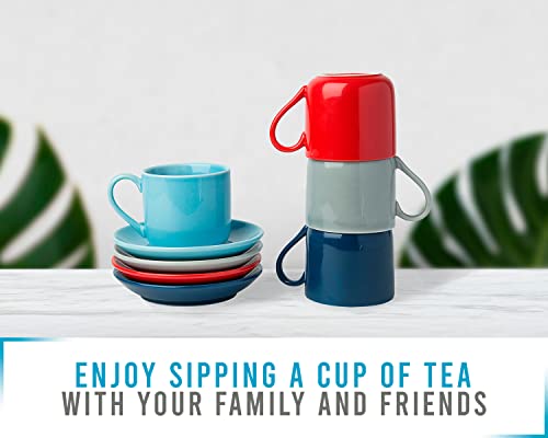 4oz. Espresso Cups Set of 4 With Matching Saucers - Premium Porcelain, 8 Piece Gift Box Demitasse Set - Red, Blue & Grey – Italian Caffè Mugs, Turkish Coffee Cup – Lungo Shots, Dopio Double Shot