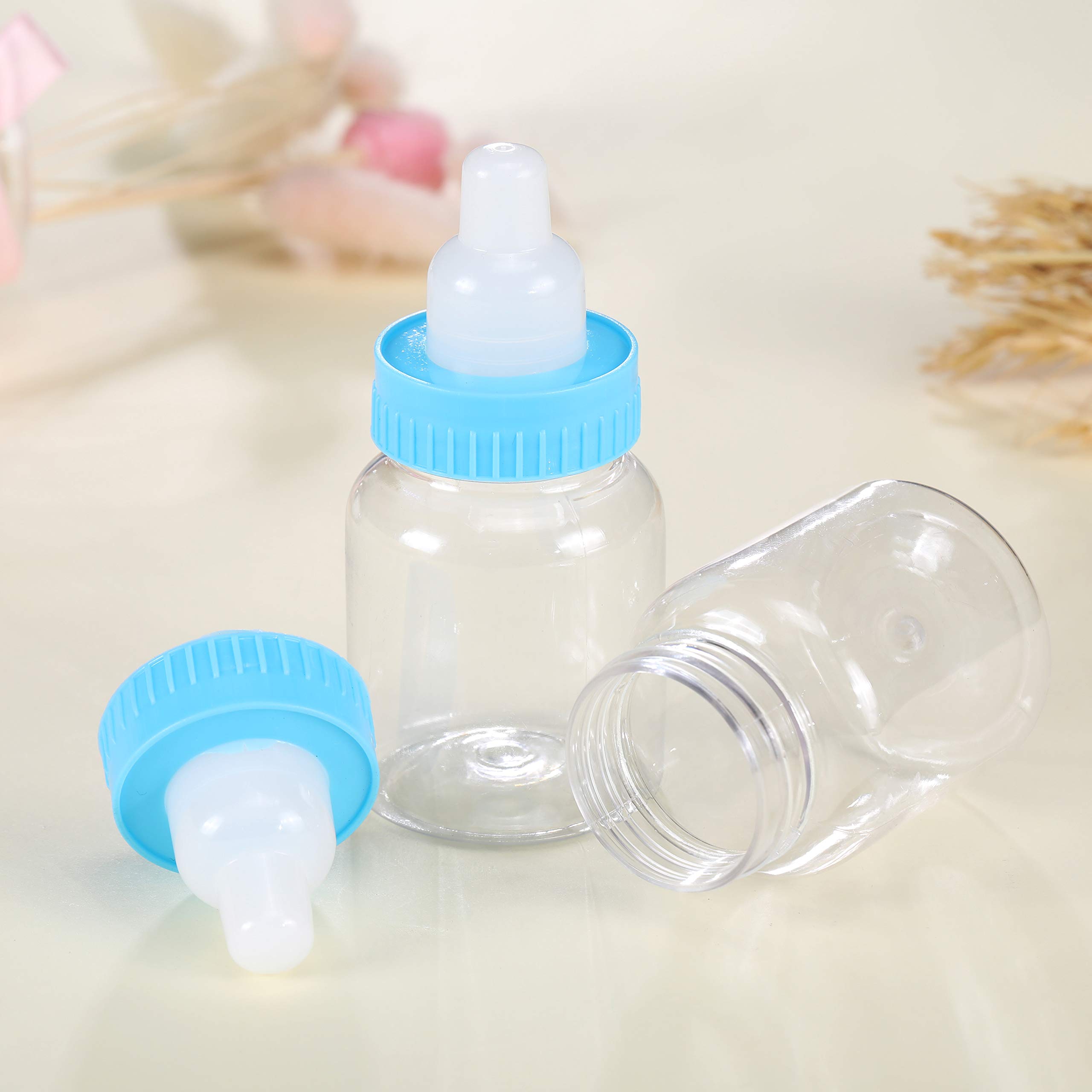 12 Pack Candy Bottles 10 Yards Ribbon and 48 Pack Acrylic Mini Pacifiers for Baby Shower Party Favors Decorations and Supplies by WeddParty (Blue A, 12)