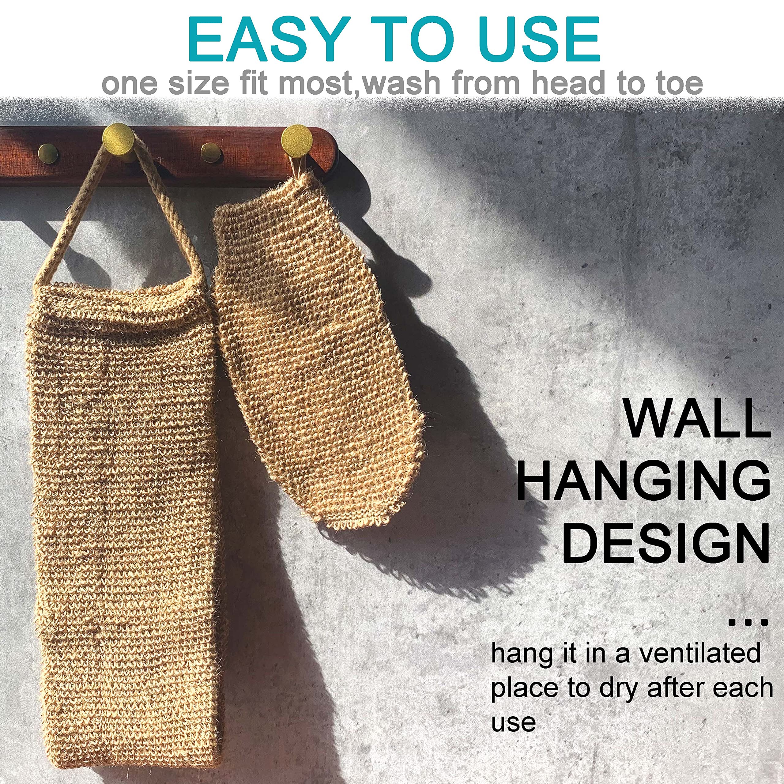 2 pcs/Set Large Natural Exfoliating Hemp Back Scrubber for Shower for Men and Women - Rub Glove Mitt Mitten - Deep Clean & Invigorate Your Skin - Machine Wash and Dry - Double Sided Available