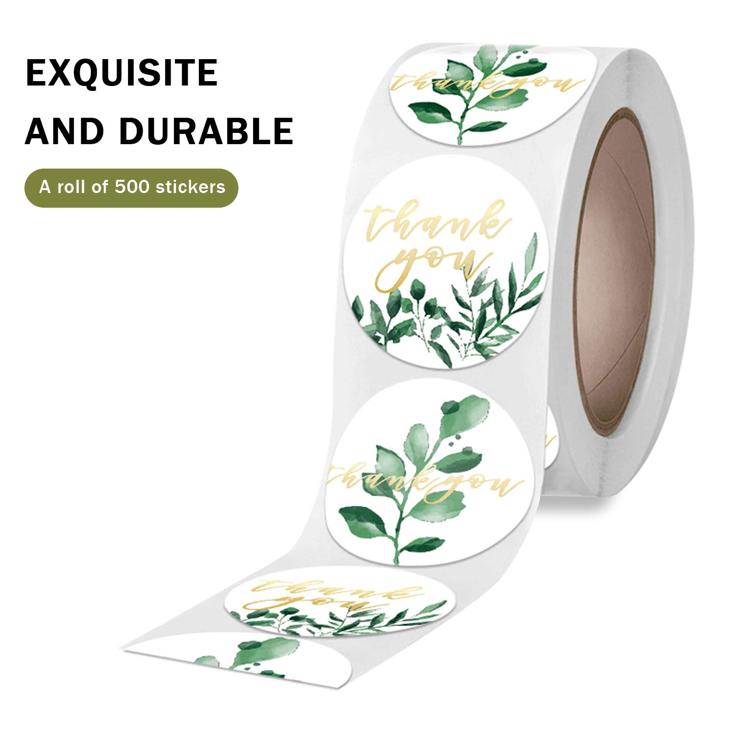 Abeike Thank You Label Sticker 1.5 Round.500 Labels per Roll, Thank You Sticker for Birthday, Wedding, Gift.The Poster Pattern is Two Different Leaves. Golden Font. GreenGold