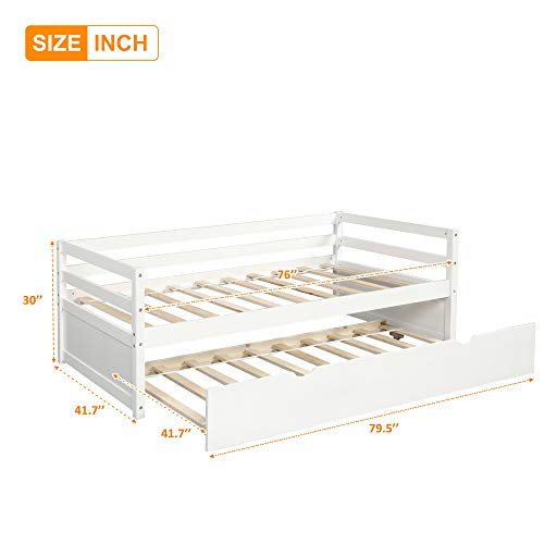 Merax Twin Daybed with Trundle, Solid Wood Captains Bed Twin Size Sofa Bed Frame (White)