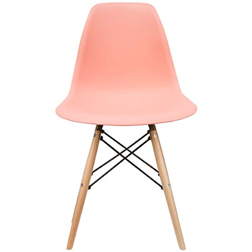 2xhome - Pink - DSW Molded Plastic Shell Bedroom Dining Side Ray Chair with Brown Wood Eiffel Dowel-Legs Base Nature Legs