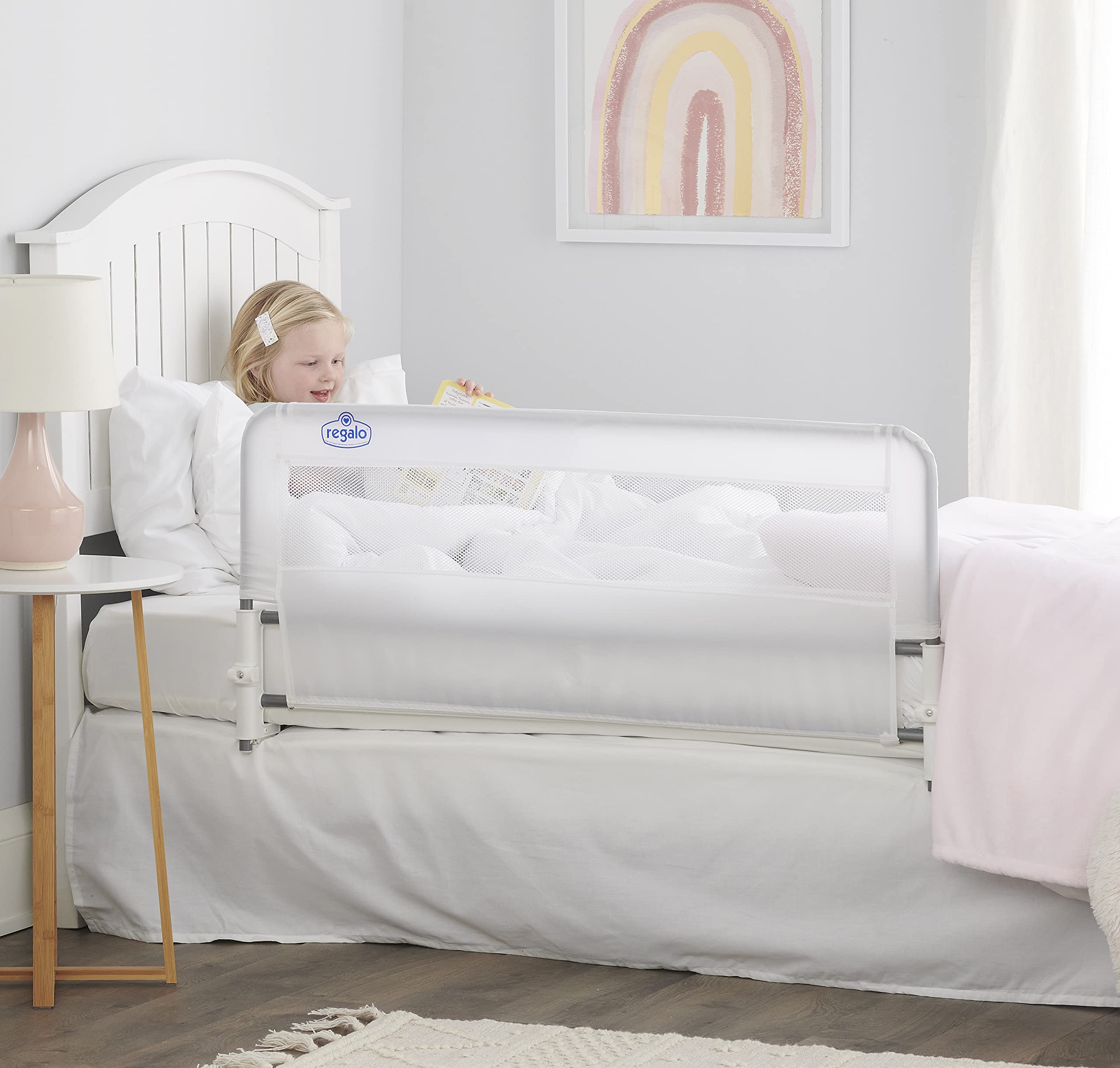 Regalo Drop Down Bed Rail Guard, with Reinforced Anchor Safety System , White , 43 x 2 x 20 Inch