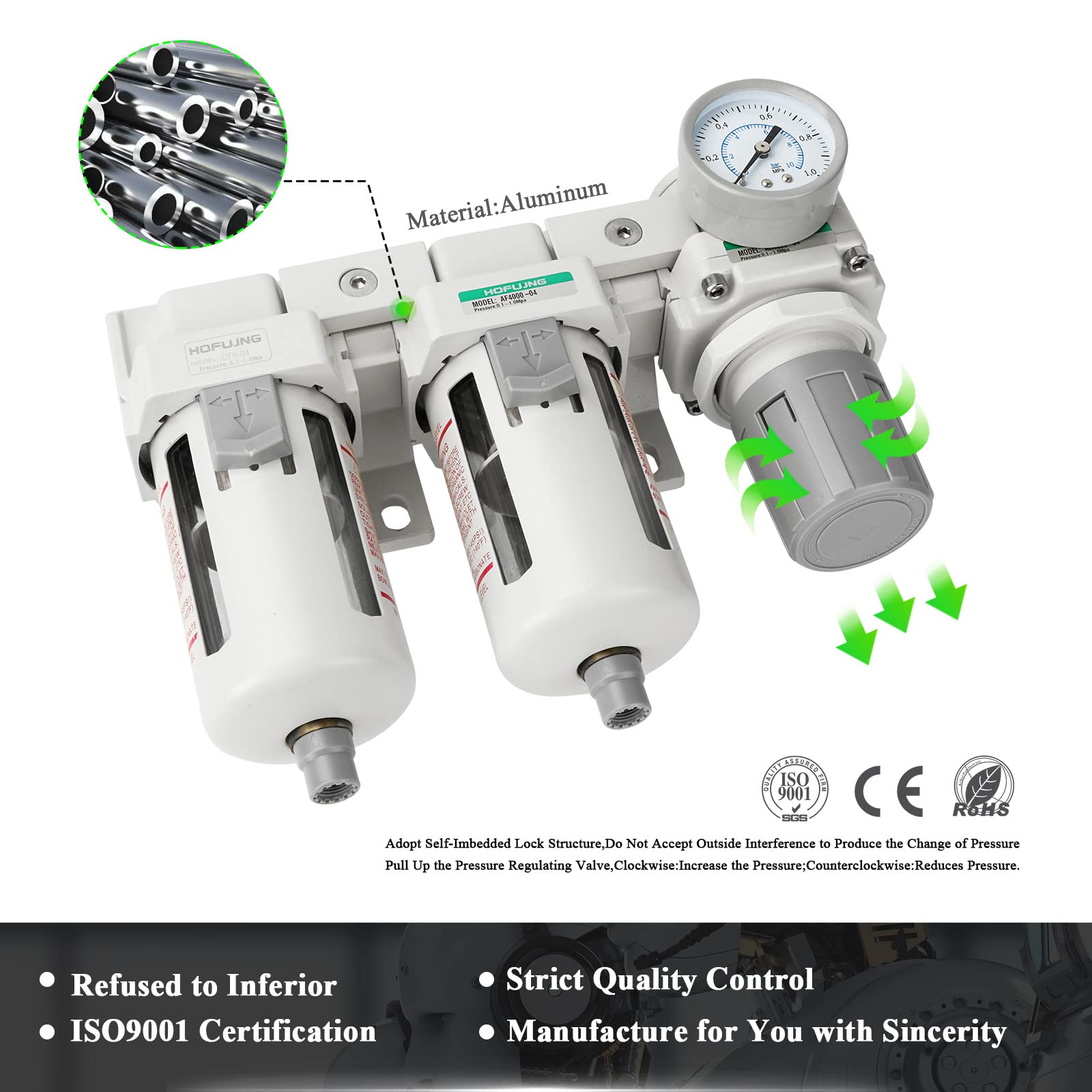 1/2" NPT Air Dryer System, 5 Micron Particulate Filter, 0.5&0.01 Micron Coalescing Filters, Air Pressure Regulator Combo, 0-150 psi Gauge, Semi-Auto Drain, Poly Bowl, Metal Bracket
