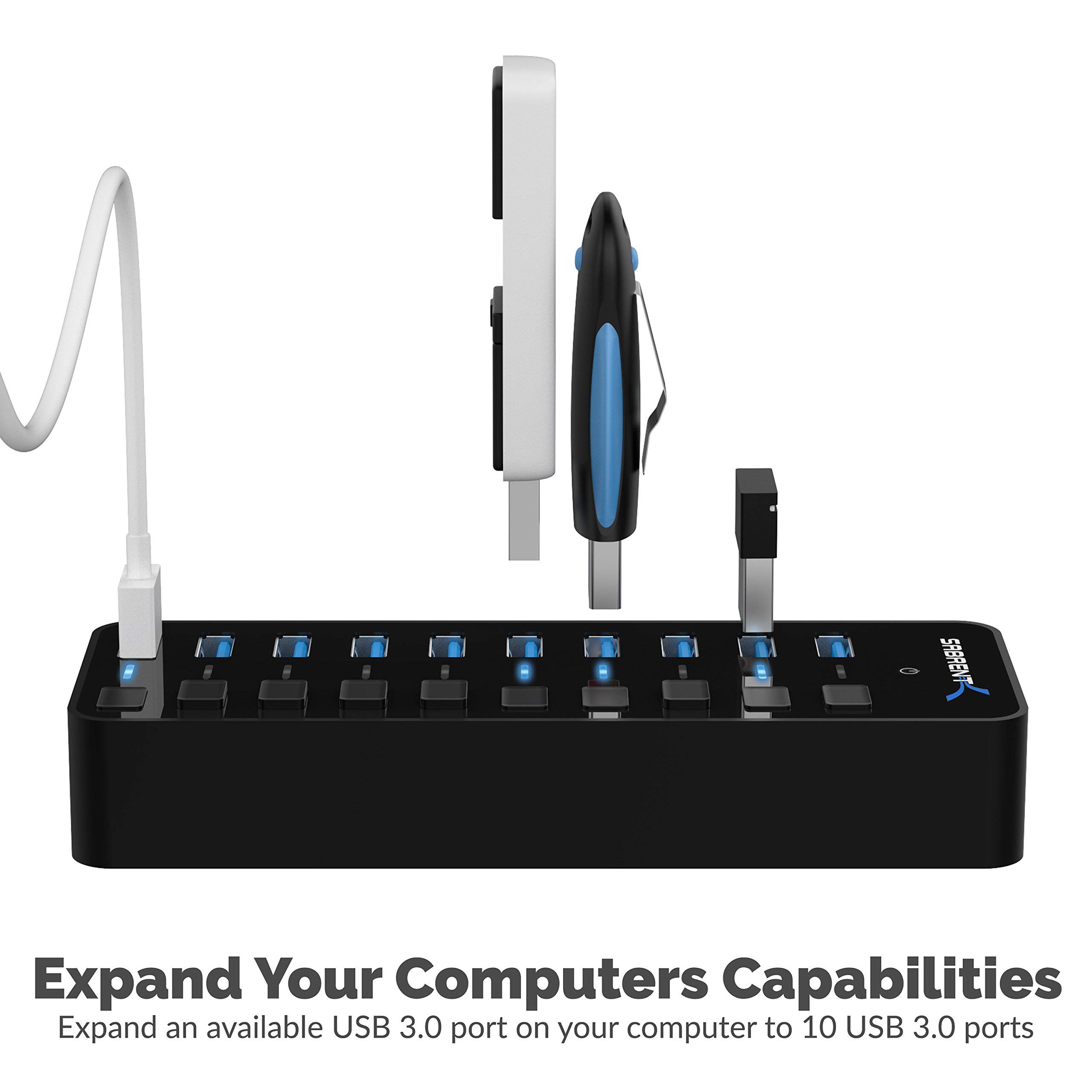 10 Port 60W USB 3.0 Hub with Individual Power Switches and LEDs Includes 60W 12V/5A Power Adapter+USB Bluetooth 4.0 Micro Adapter for PC [v4.0 Class 2 with Low Energy Technology]