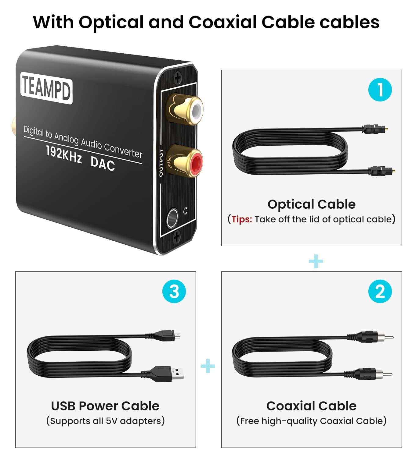 192KHz Digital to Analog Audio Converter, Aluminum Optical to RCA Converter with Optical Coaxial Cables, Toslink Optical Digital to RCA (L/R) and 3.5mm Jack DAC For TV PS4 DVD PS3 Amp Receiver Speaker