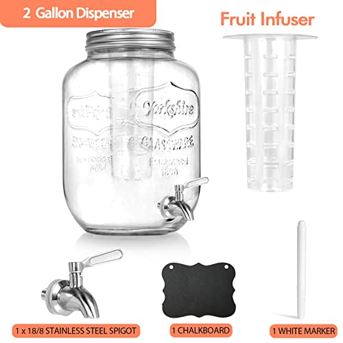 2-Gallon Glass Drink Dispenser for Parties, Beverage Dispenser with Stainless Steel Spigot, Fruit Infuser, Marker & Chalkboard - 100% Leakproof Water Dispenser for Lemonade & Laundry Detergent