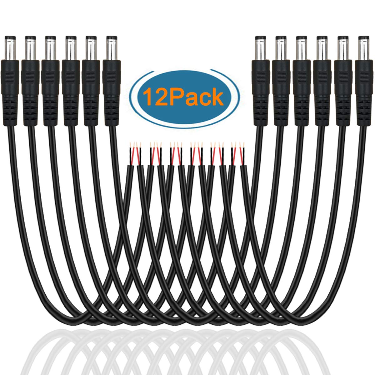 12 Pack DC Power Cable 12v DC Power Plug Cord Male Connectors 2.1mm x 5.5mm DC Pigtail Adapter Barrel Jack Socket Wire for CCTV Security Camera,DVR,Car Rearview Monitor System Video,LED Strip Light