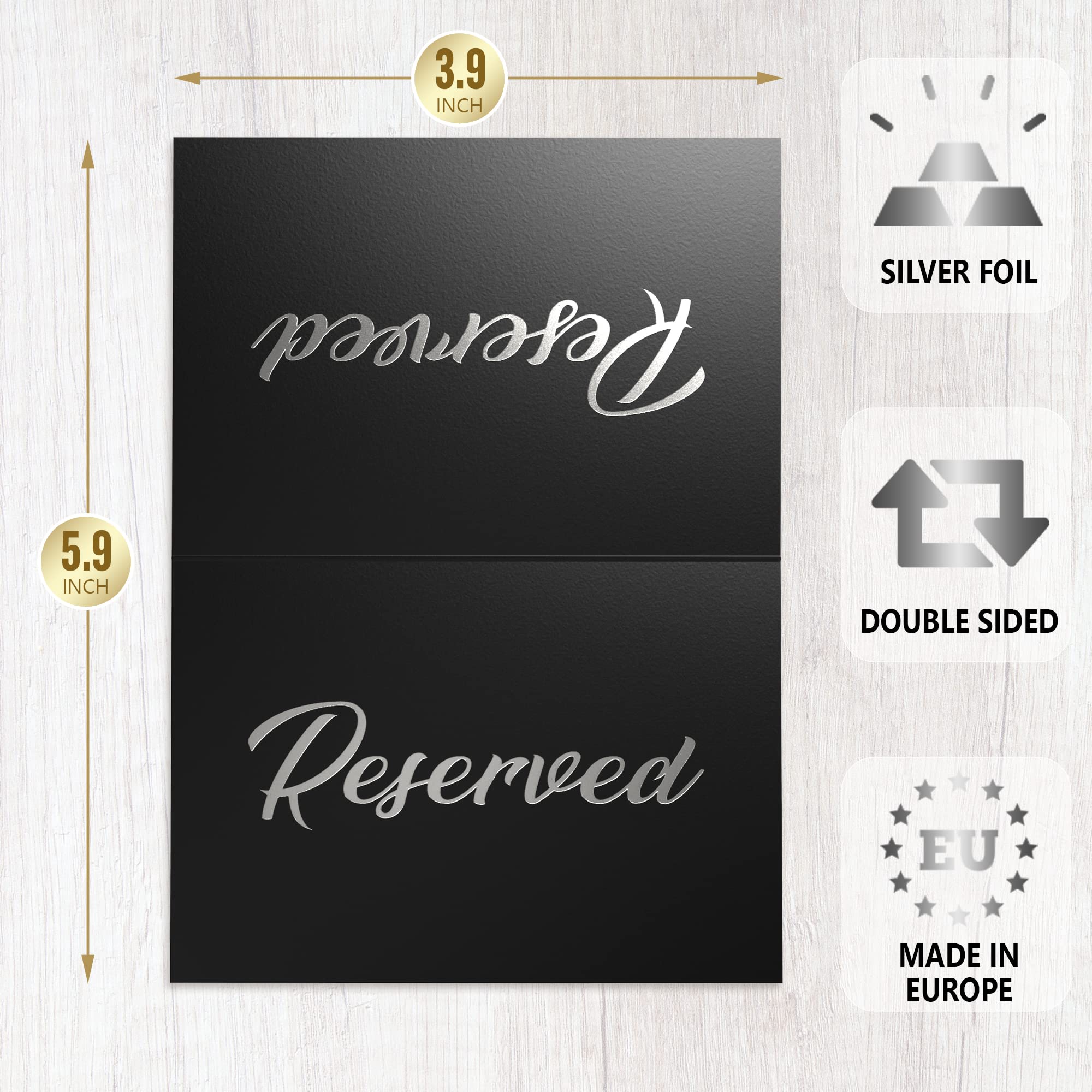 10 Pack Black Reserved Table Signs for Wedding - Silver Foil Reserved Seating Signs for Wedding Chairs - Church Pews - Double Sided Cardstock Reserved Signs for Tables - Table Tent Reservation Cards
