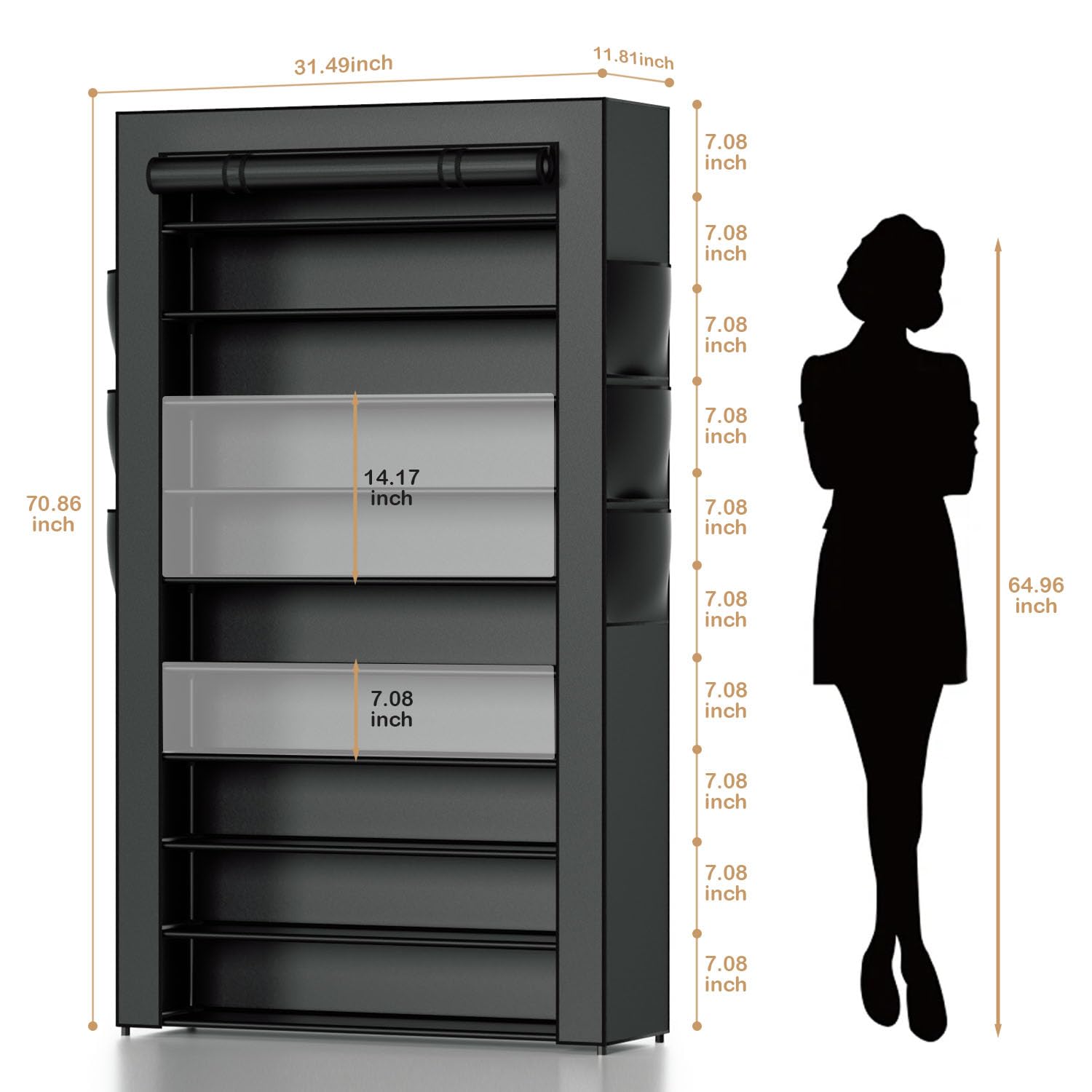 10 Tiers Large Shoe Rack with Covers- Large Capacity 40-50Pairs Shoes Rack Storage Organizer Closed Tall Shoe Rack Organizer with Covers for Closet Entryway Garage, Stackable Tall Shoe Shelf Storage