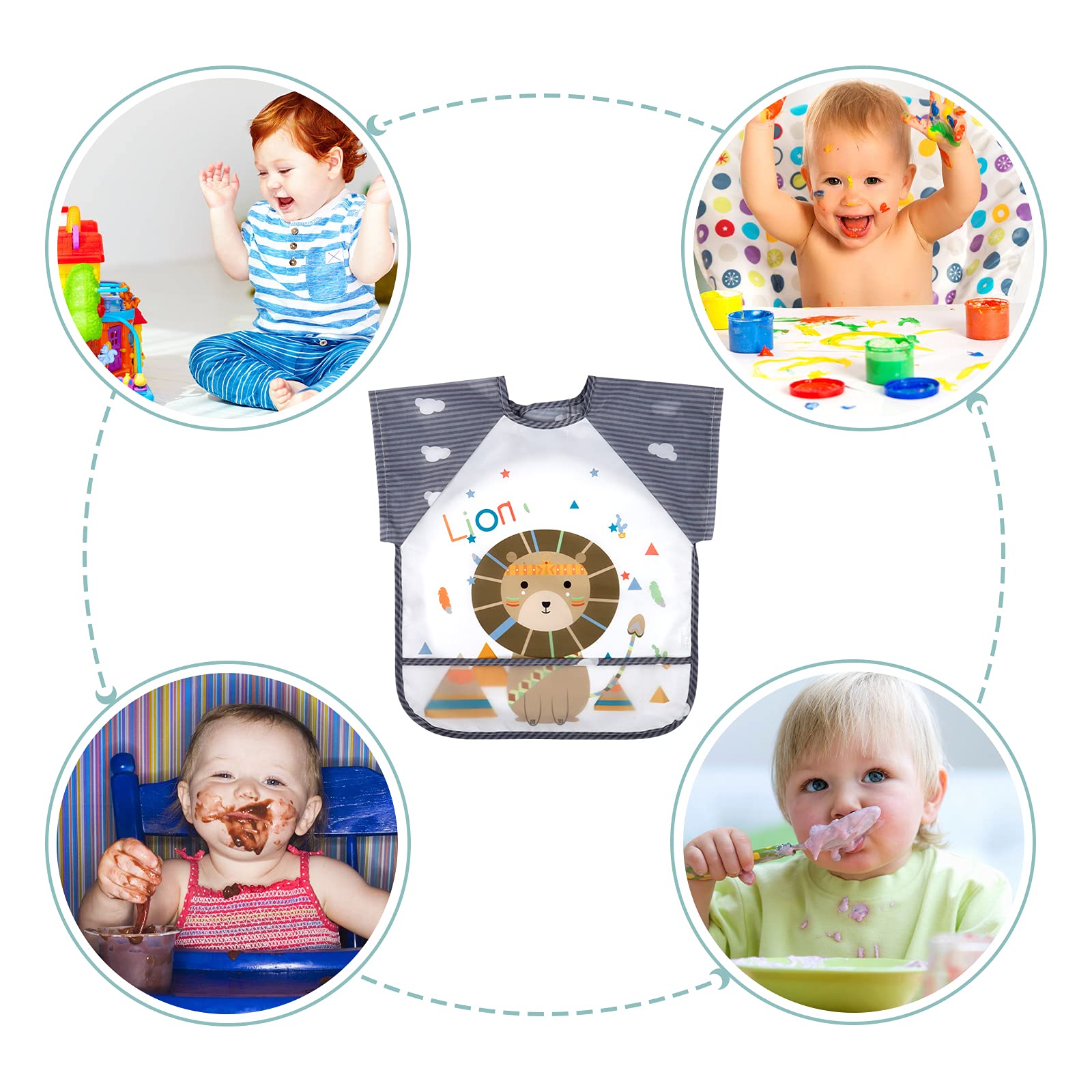 Accmor 3 Pack Short Sleeved Bibs/Waterproof Baby Bibs/Toddler Bibs/Smock, Washable Bibs for Baby Toddler 6-36 Months