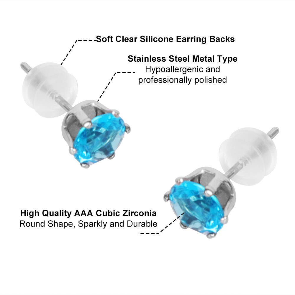 12 Pairs Stainless Steel CZ Stud Earrings for Women, Brilliant Cut Round Cubic Zirconia Stud Earrings, Birthstone Stud Earrings Set 3mm
