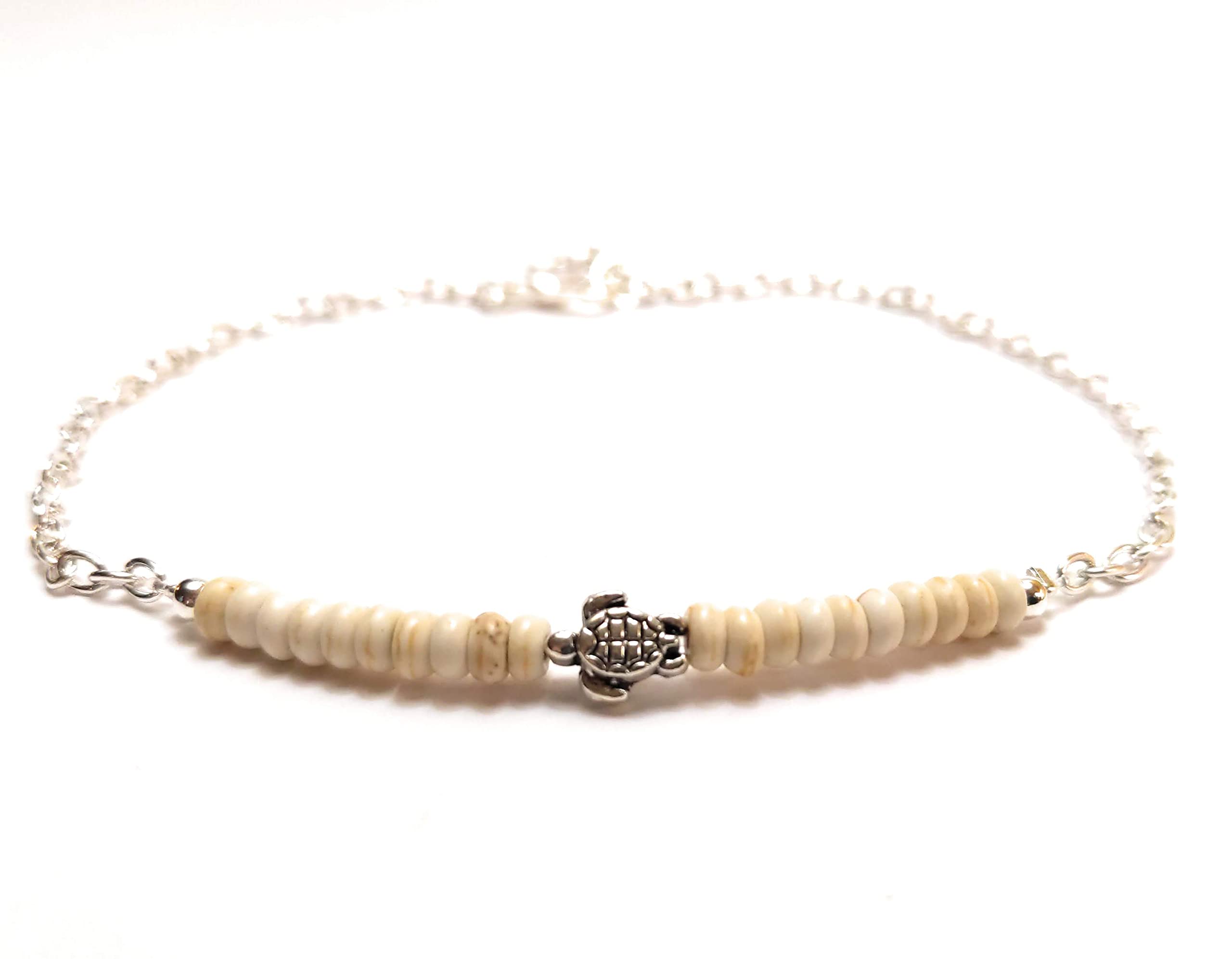 10 Inch Turtle Charm Ankle Bracelet With White Turquoise Beads Gift Boxed Anklet