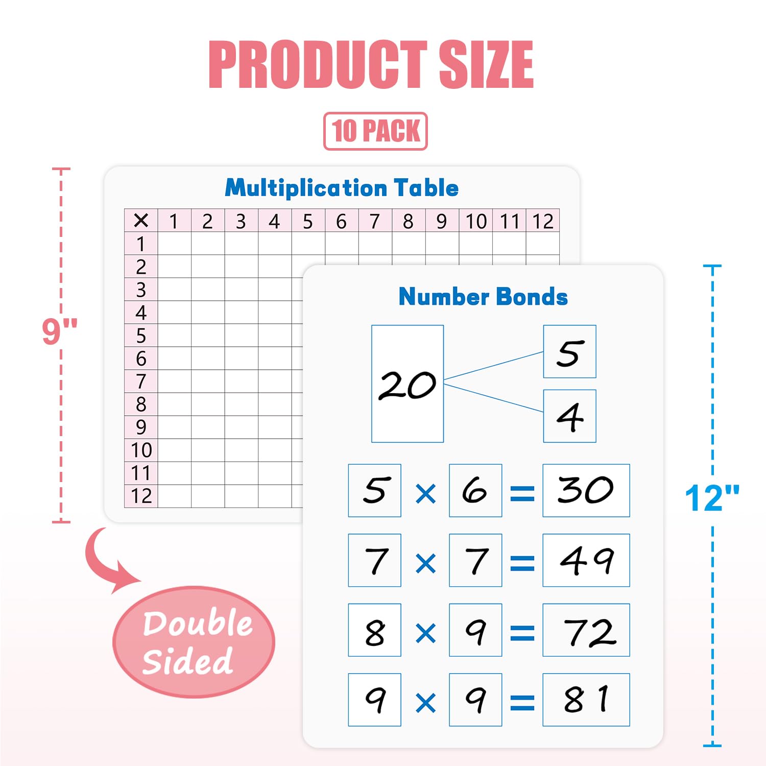 10 Pack Multiplication Chart Whiteboard Card - Double-Sided 9" x 12" Dry Erase Board, Math Manipulatives White Board for Kids Students, Classroom and Home Learning,Small White Board Card Dry Erase