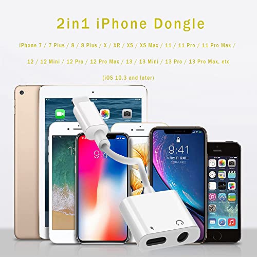 2 Pack Headphone Adapter for iPhone, [Apple MFi Certified] 2 in 1 Lightning to 3.5mm AUX Audio + Charger Splitter Compatible with iPhone 14/13/12/11/XS/XR/X 8/7/SE, Support Music Control(Not for Call)