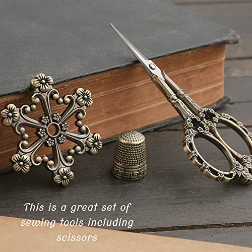 3 Pairs Vintage European Style Stainless Steel Precision Scissors, Thimble and Metal Floss Bobbin, Complete Vintage Sewing Tools for Embroidery, Sewing, Craft, Art Work, Cutting(Bronze）