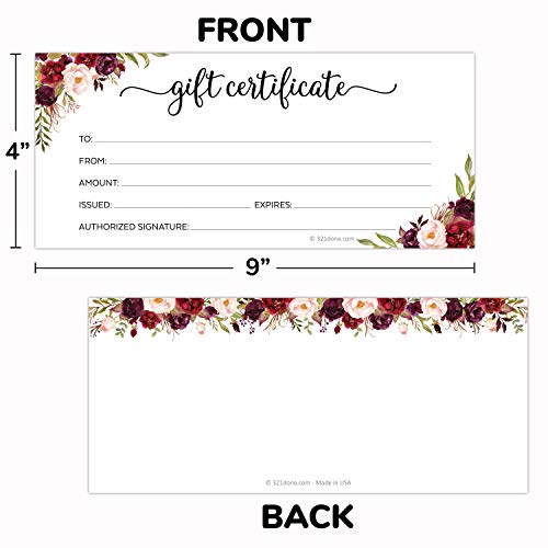 321Done Floral Blank Gift Certificates (Set of 24 and Envelopes) 4x9 for Small Business, Holiday, Christmas Voucher, Spa, Salon - Rustic Red Roses White - Made in USA