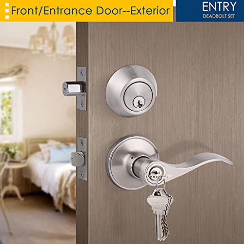 2 Pack Keyed Alike Entry Lever Door Handle and Single Cylinder Deadbolt Lock with Same Keys, Wave Style Locking Lever Handle Set [Front Door or Office] Right & Left Sided Doors, Satin Nickel