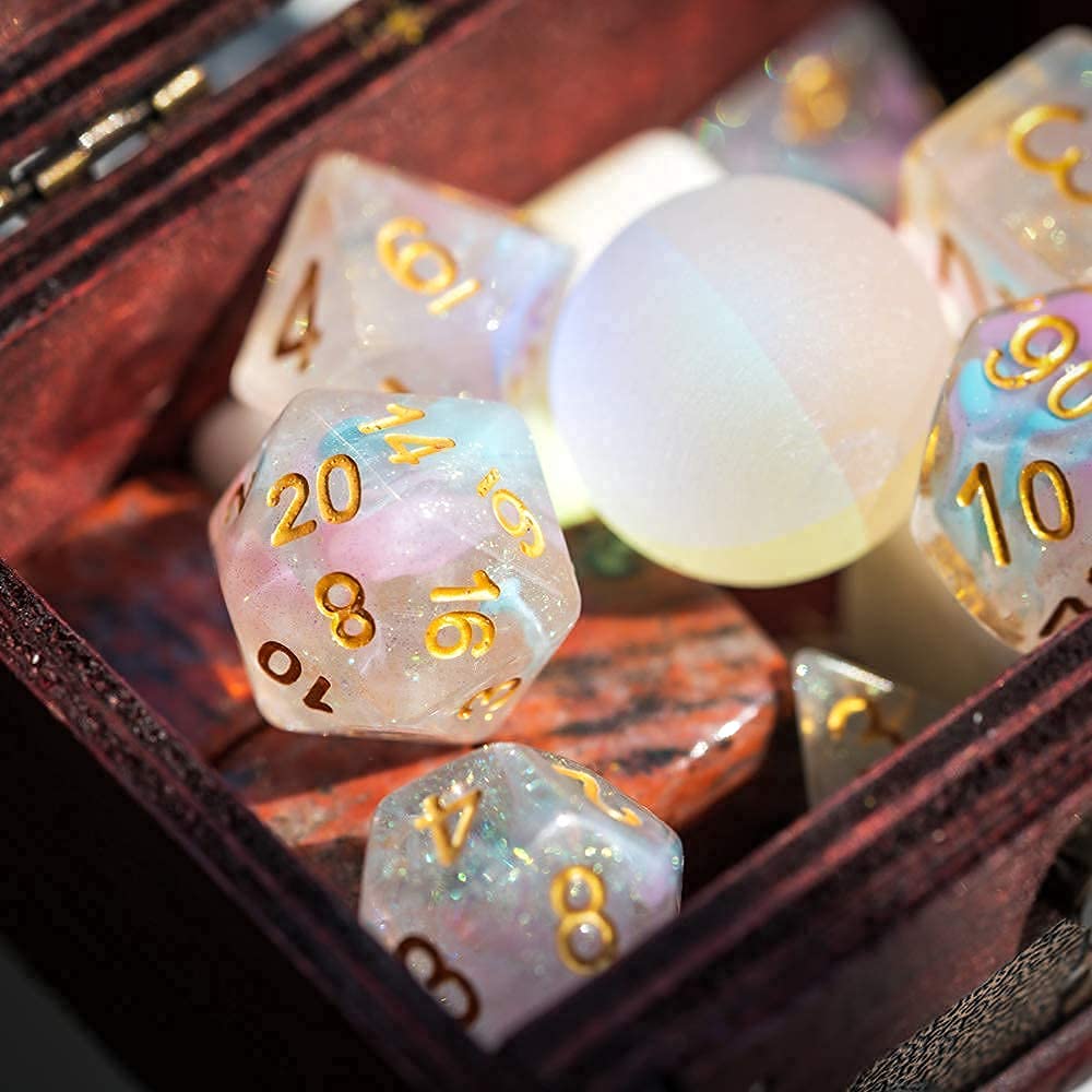 2 Pack (A Wooden Dice Set Box and A 7Pcs Resin DND Dice Set for Dungeons and Dragons)