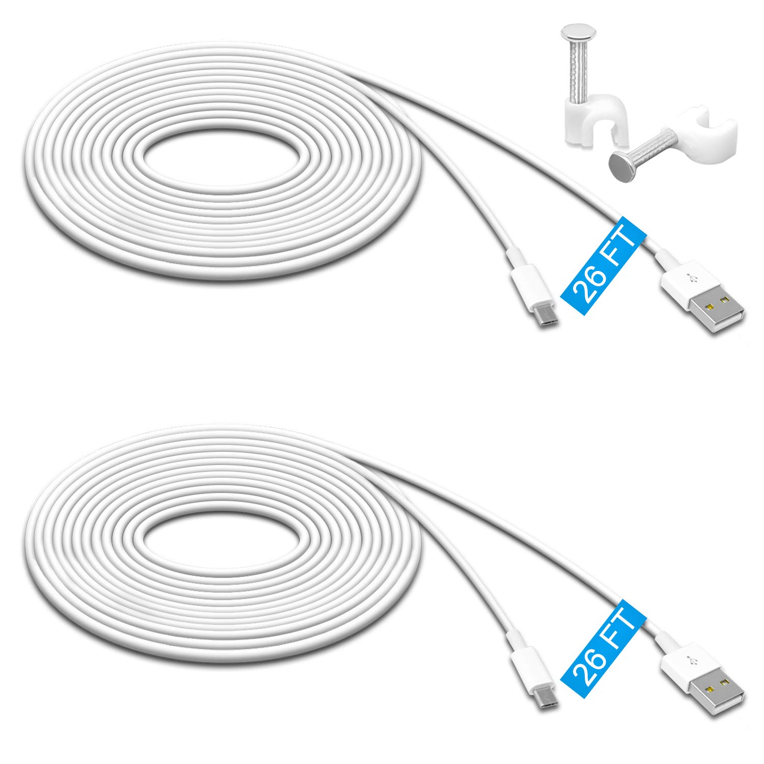2 Pack 26FT Power Extension Cable for Wyze Cam V3,for Wyze Cam Pan V2,for Wyze Cam Pan,for WyzeCam,for Kasa Cam,for YI Dome Home,for Furbo Dog,for Nest Cam,Charging Data Sync Cord for Security Camera