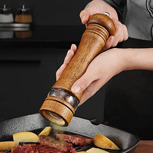 2-Piece Salt and Pepper Grinder Set, 8 Inch Wooden Salt and Pepper Mills with Adjustable Coarseness, Refillable Manual Pepper Mill Grinder for Home Cooks (Brown)