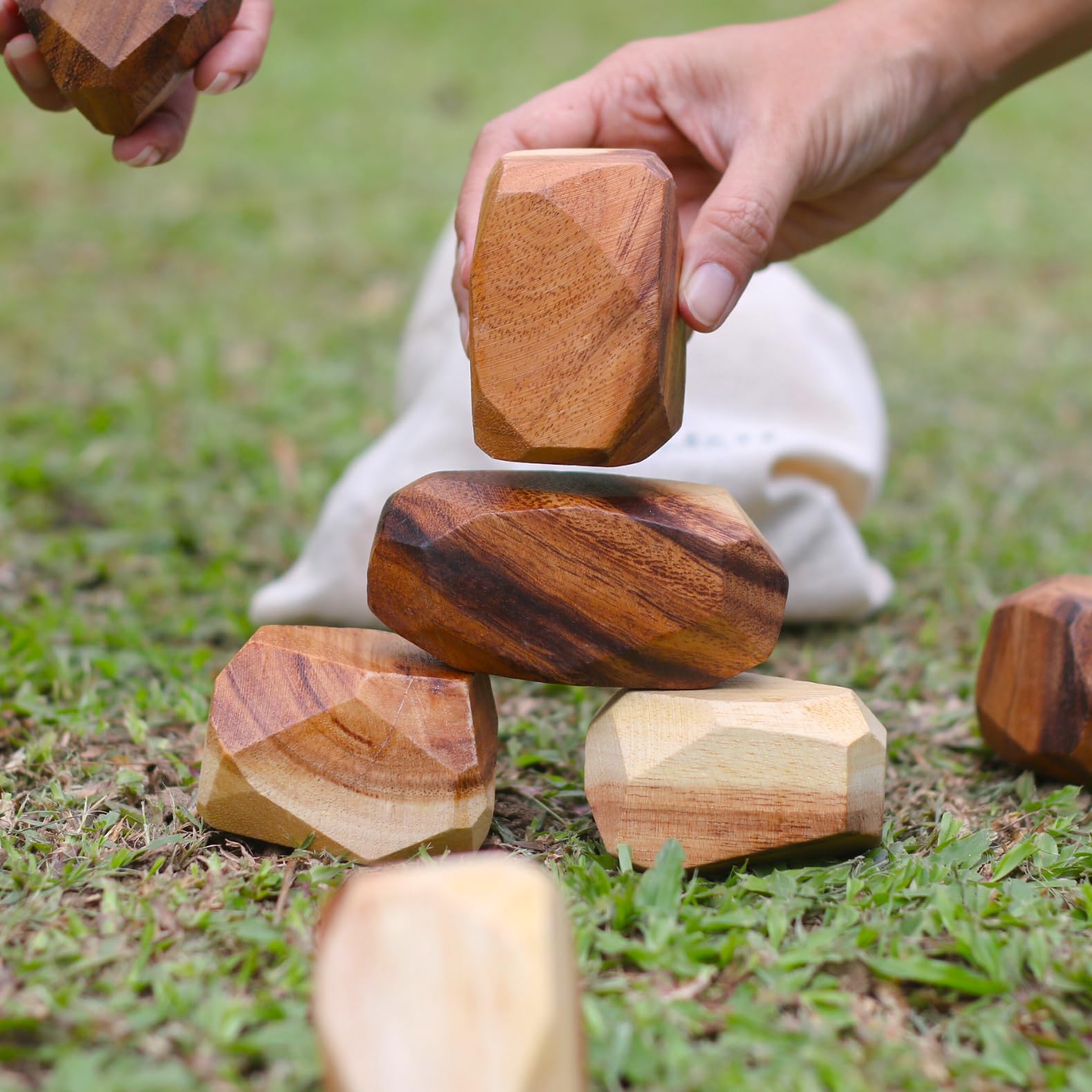 12 Pcs. Wooden Balancing Blocks: Handmade Meditative Educational Game Sensory STEM Toy Stacking Game Wood Balance Rocks Set (Tum ISHI) Montessori with Cotton Bag
