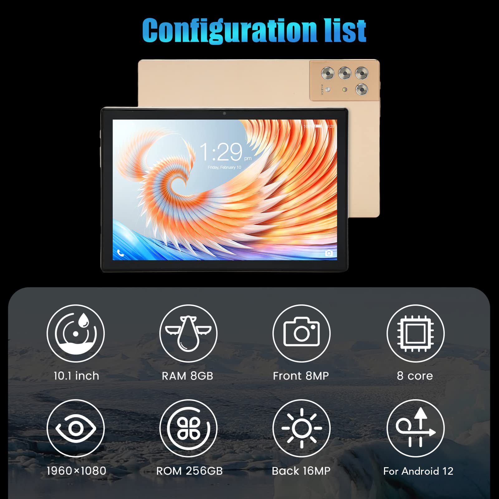10.1 Inch Tablet for Android 12, Octa Core CPU, 8GB RAM 256GB ROM 7000mAh, BT5.0, 1080 FHD, Gravity Sensing, GPS, Glonass, 2.4G 5G WiFi, 8MP Front 16MP Rear, 5 Point Touch, Golden