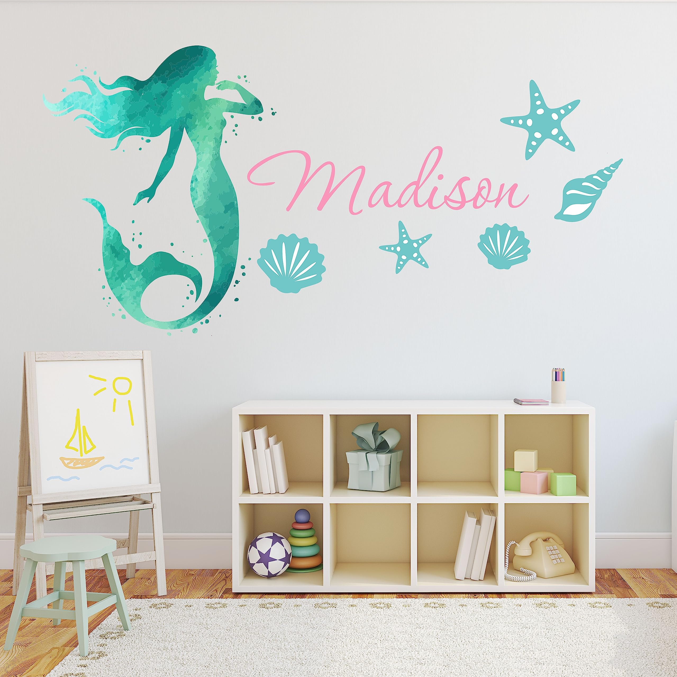 Girls Custom Personalized Watercolor Name Mermaid and Shells Nursery Decor Wall Decal Stickers (Medium)
