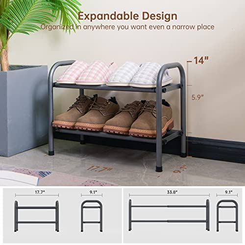 2-Tier Expandable Shoe Rack,Adjustable Shoe Shelf Storage Organizer Heavy Duty Metal Free Standing Shoe Rack for Entryway Closet Doorway (Gray)