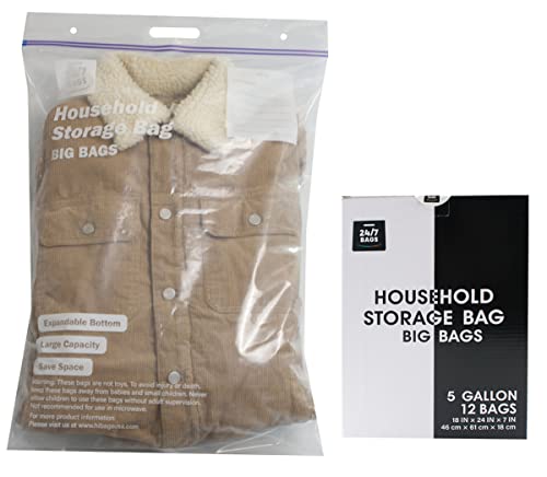 24/7 Bags- Double Zipper Bags, 5 Gallons, 12 Count, Stand and Fill, Carry Handle, BPA-Free, Air Tight Seal