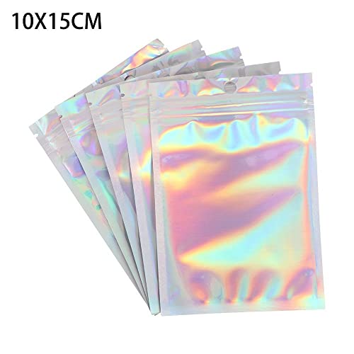 100 Pcs Zip Plastic Bag Aluminum Foil Hologram Food Pouch Small Water Proof Zipper Reclosable Pouches(5.9inch)
