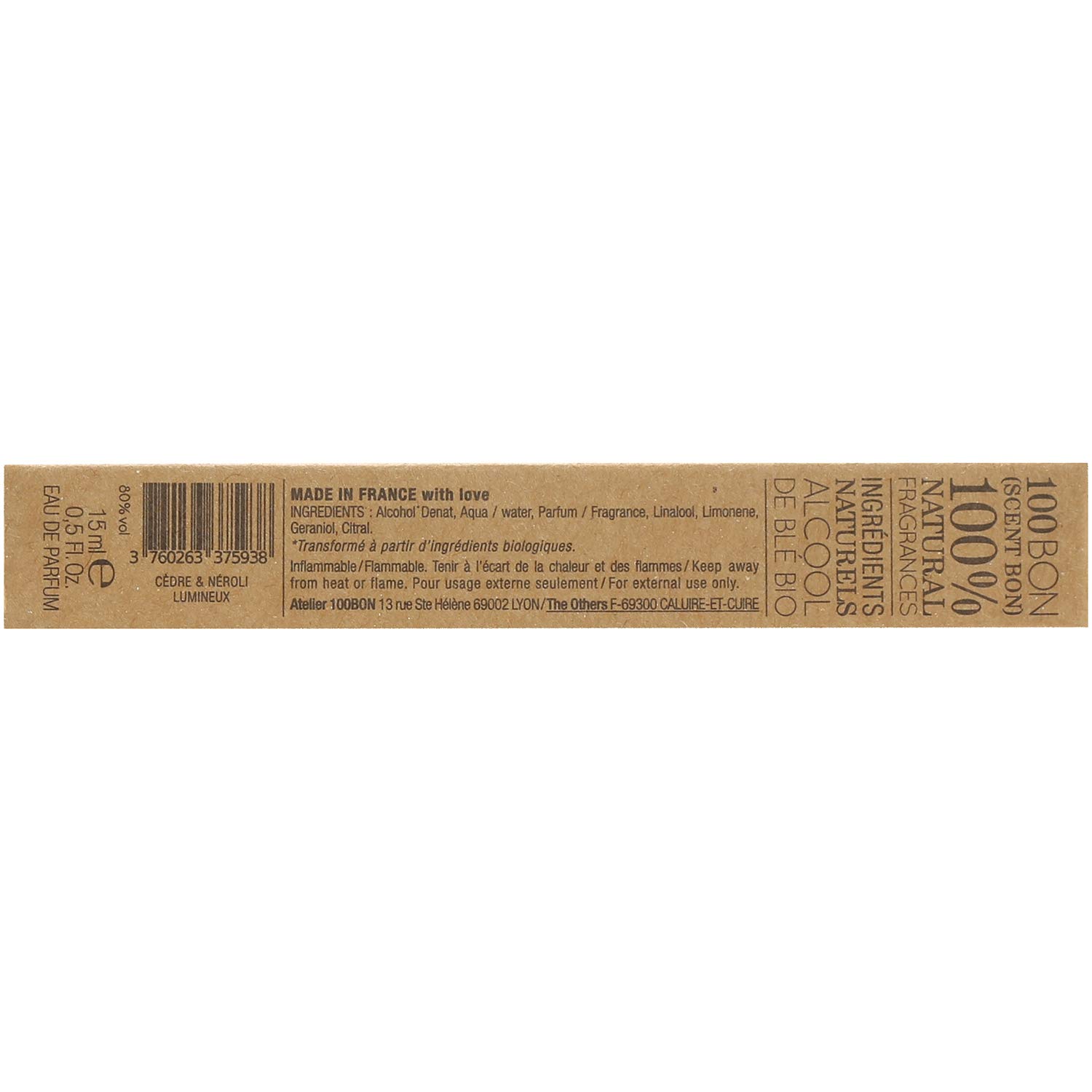 100BON Cedre & Neroli Lumineux Unisex Fragrance - Neroli & Cedar Scent - Organic, Natural & Light Woody Aroma - 0.5 Fl Oz
