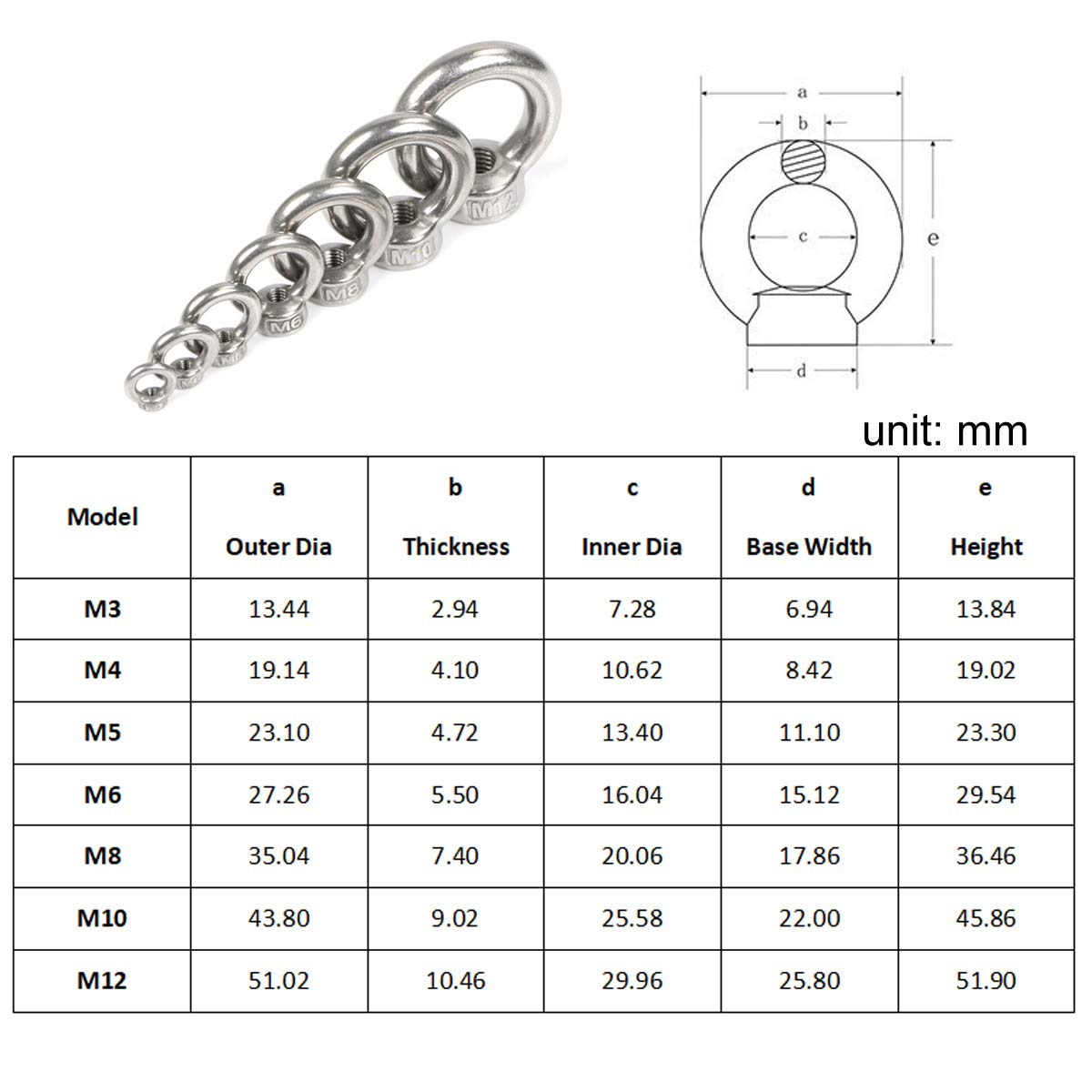 10 PCS 304 Stainless Steel M3 Thread Dia Ring Shape Eyed Bolt Lifting Eye Nut Fastener