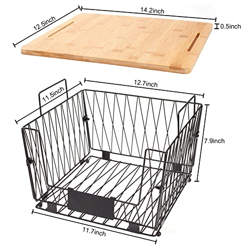 2 Pack Stackable Wire Storage Baskets with Wood Lid- Kitchen Countertop Organizer for Fruit Vegetable -Large Metal Bin for Pantry Organization and Storage, Black