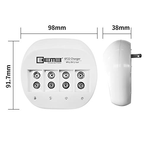 EEMB LP 9V Rechargeable Lithium ion Battery Charger for 6F22 650mAh 9Volt Li-ion Batteries for Smoke Alarm Digital Cameras Toys Clocks (4 Bay Charger)